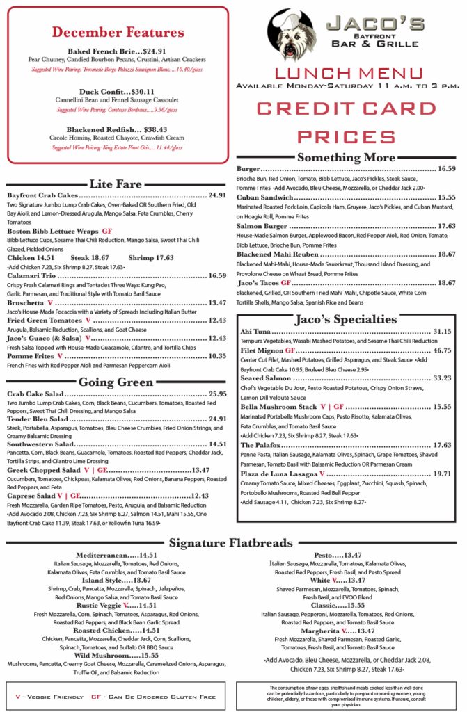 Jaco’s Bayfront Bar and Grille | Lunch Menu